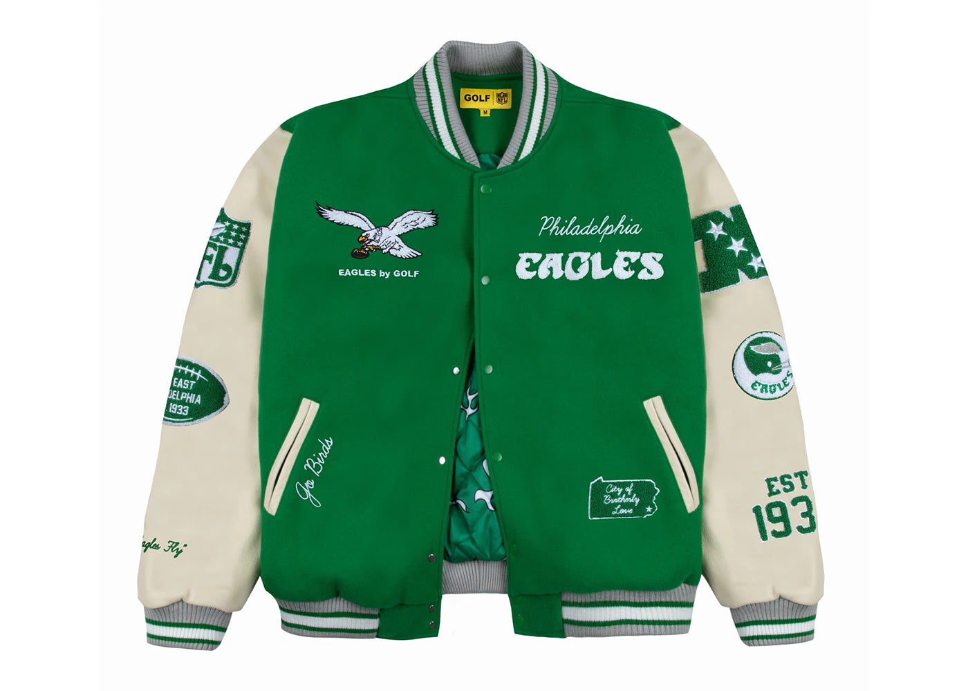 Tyler, The Creator Golf Wang x NFL Eagles Letterman Jacket Green – Side ...