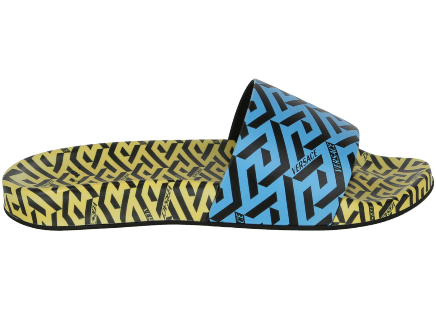 Versace Greca Print Slides Yellow Blue – Side Kicks
